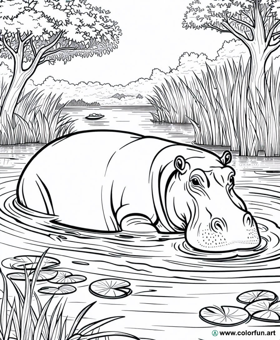 Coloring page of a hippopotamus in the river Download or Print for free