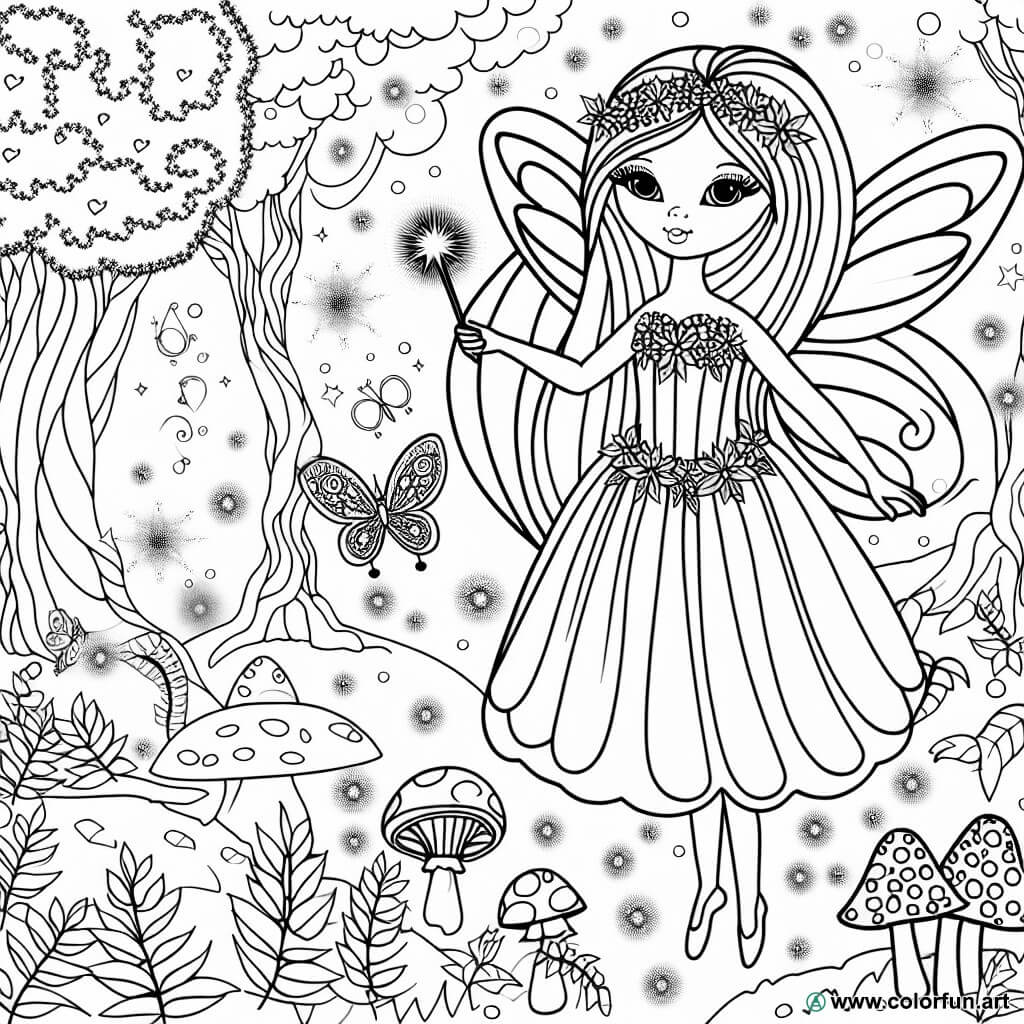 Coloring page of a fairy in an enchanted forest Download or Print for free