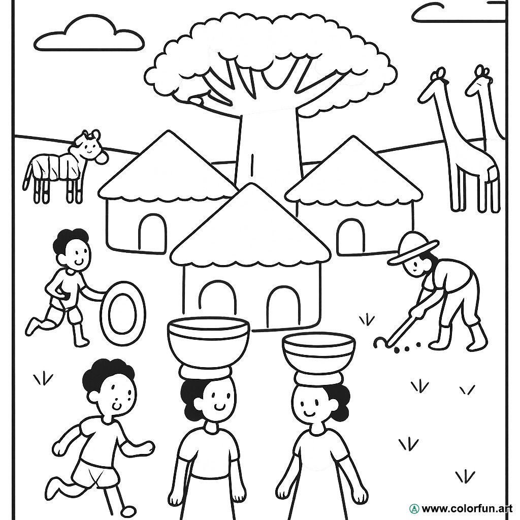 Coloring page of an African village Download or Print for free