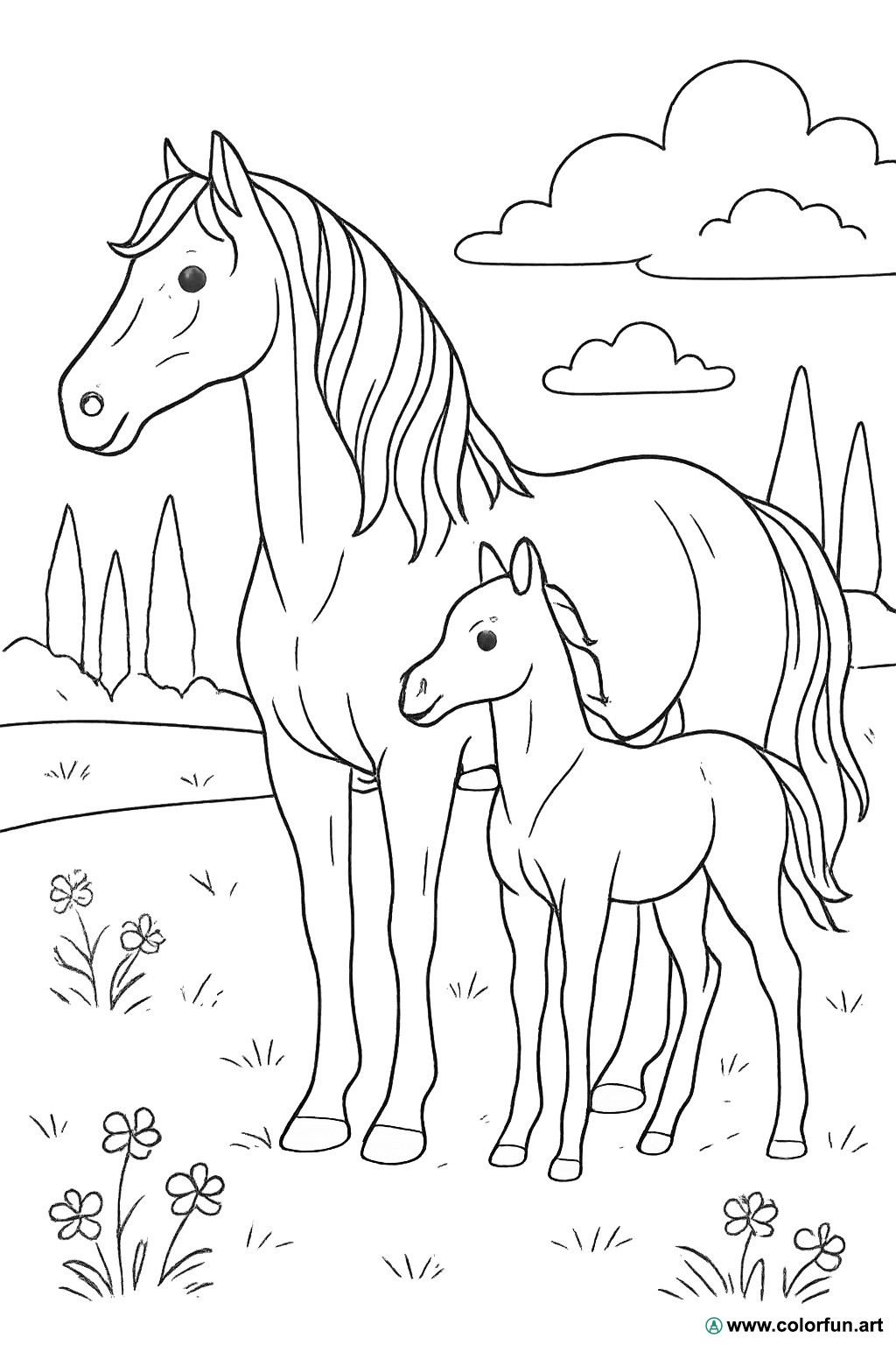 Realistic coloring page of a horse and its foal Download or Print for free