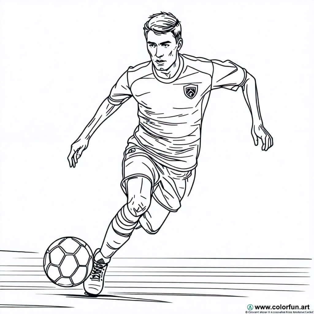 Coloring page of a soccer player with a ball Download or Print for free