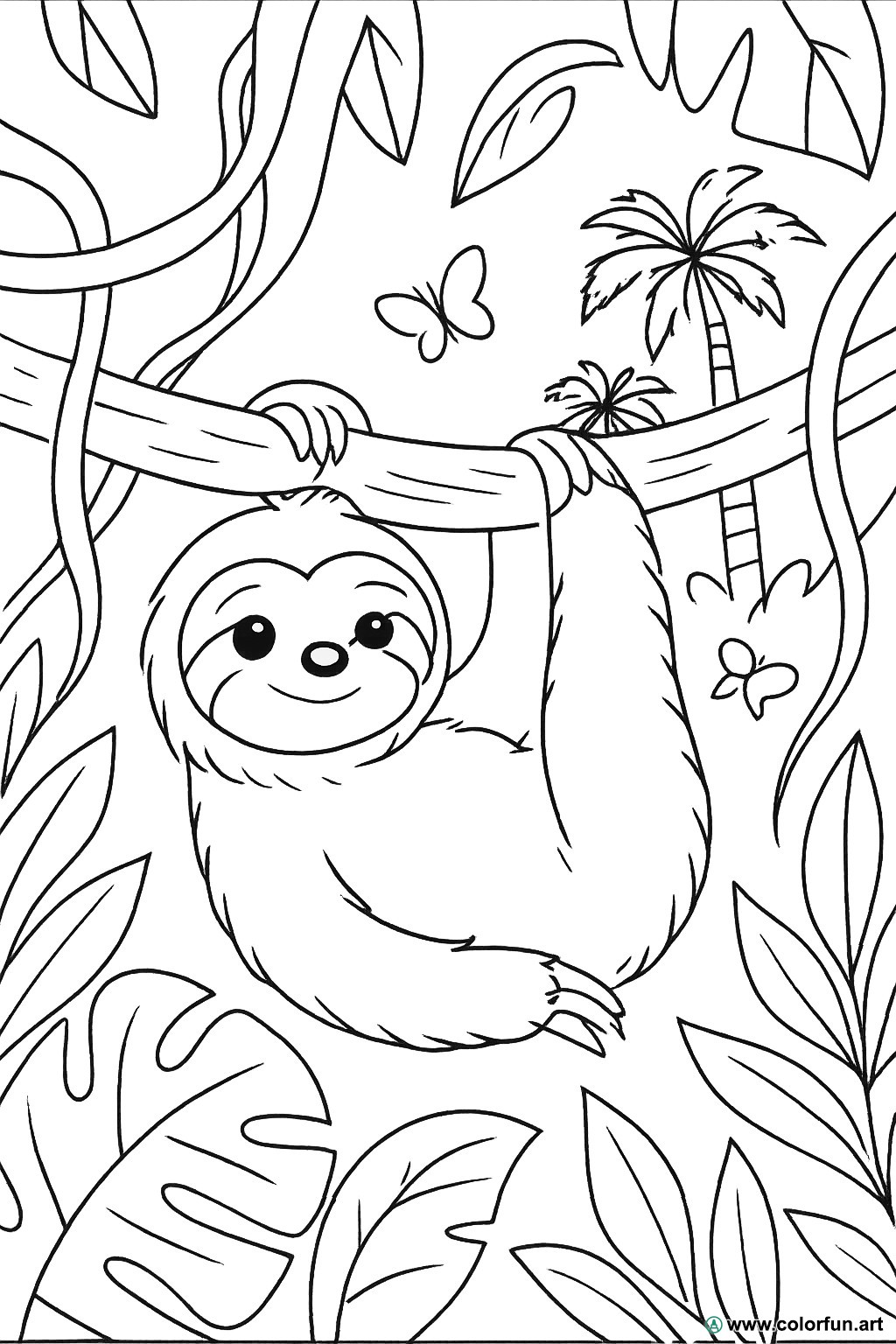 Coloring page of a sloth in the jungle Download or Print for free
