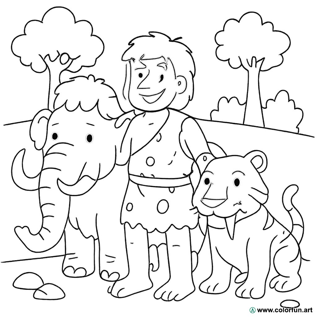 Coloring page of a prehistoric man with animals Download or Print for free