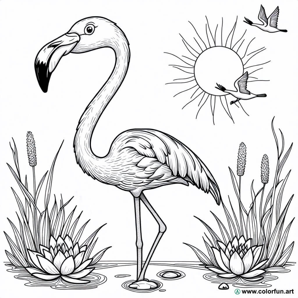 Coloring page of a cheerful flamingo Download or Print for free