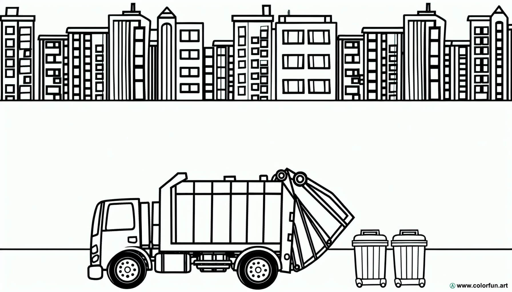 Coloring page of a garbage truck in the city Download or Print for free